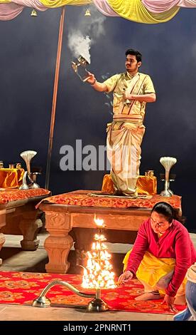 Morning Arti of Ganga Maa River at Assi Ghats at Varanasi Stock Photo ...