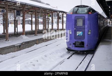 A JR Hokkaido Okhotsk express train on a winter day at Fukagawa Station ...