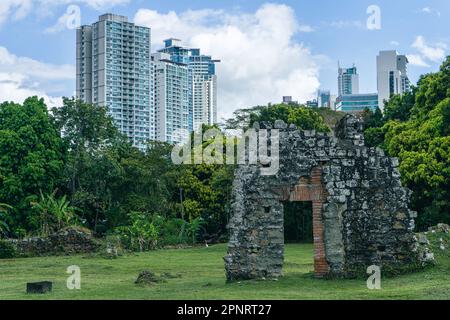 Panama City skyline with remnants of the old capital of Panama sitting ...