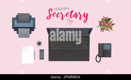 Administrative Professionals Day concept. Desk illustration on blue ...