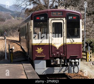 A Watarase Keikoku Railway single unit train at Konaka Station in Gunma ...