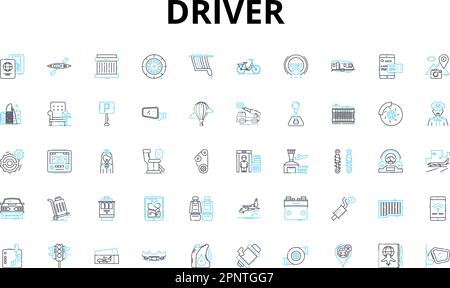 Driver linear icons set. Pedal, Steering, License, Gearbox, Vehicle ...