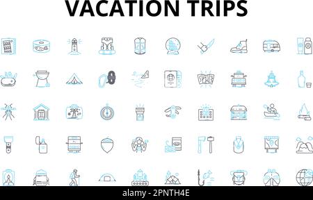 Trips linear icons set. Adventure, Safari, Excursion, Expedition, Trek ...