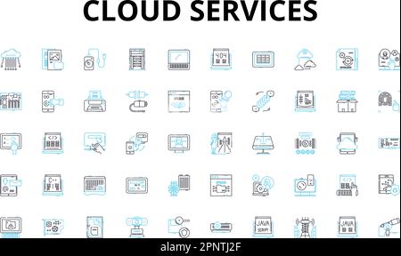 Cloud services linear icons set. Cloud, Storage, SaaS, PaaS, IaaS, Virtualization, Security line ...