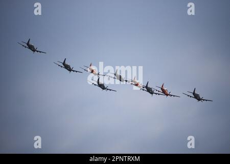 Squadron of KAI KT-1 Woongbi aircraft of the Peruvian Air Force flying ...