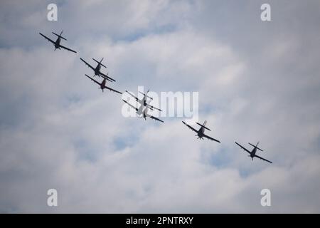Squadron of KAI KT-1 Woongbi aircraft of the Peruvian Air Force flying ...