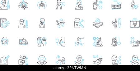 Pathogen control linear icons set. disinfectant, sanitation ...
