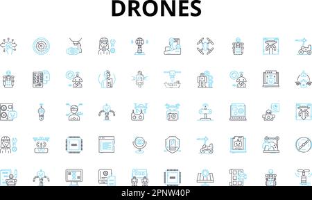 Drones linear icons set. Flying, Quadcopters, Remote-controlled ...