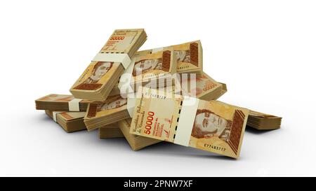 Stack of Venezuelan bolivar notes. 3D rendering of bundles of banknotes ...