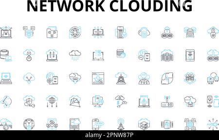 Network clouding linear icons set. Virtualization, Scalability, Elasticity, Automation ...