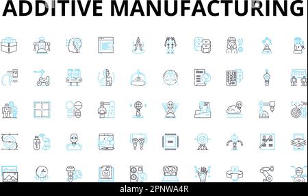 Additive manufacturing linear icons set. D printing, Layering ...