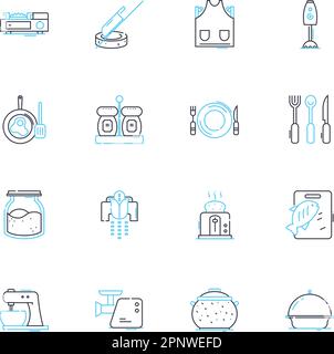 Grill linear icons set. Baste, Char, Brush, Sear, Smoke, Roast, Broil ...