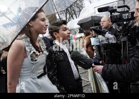 Alexander Molony, left, and Ever Anderson poses for photographers upon ...