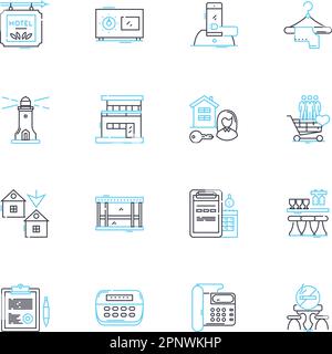 Country inns linear icons set. Rustic, Cozy, Quaint, Serene, Charming ...