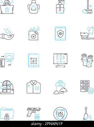 Securing linear icons set. Encryption, Passwords, Firewall, Biometrics, Intrusion, Key ...