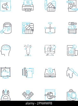 3D artist linear icons set. Modeling, Texturing, Animation, Rendering, Sculpting, Lighting ...