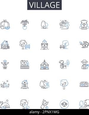 Village line icons collection. Hamlet, Small town, Rural community ...