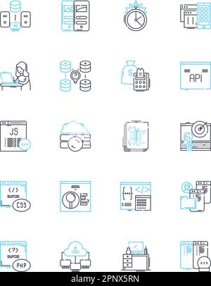 Mainframe computer linear icons set. Legacy, Centralized, Durable, Powerful, Resilient ...