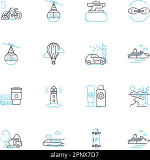 Extensive trip linear icons set. Expedition, Journey, Traverse, Odyssey ...