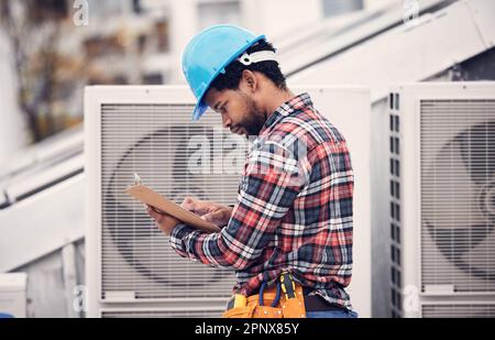 Engineer, roof and checklist for air conditioning maintenance, safety ...