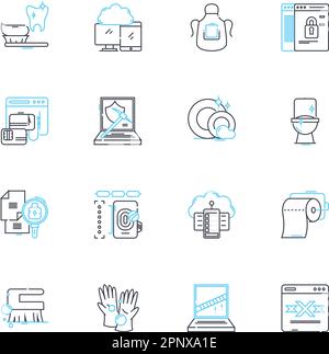 Securing linear icons set. Encryption, Passwords, Firewall, Biometrics, Intrusion, Key ...