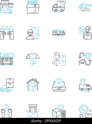 Shipment handling linear icons set. Logistics, Tracking, Documentation, Routing, Warehousing ...
