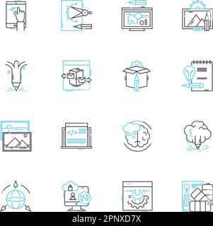 Virtual processing linear icons set. Digitization, Automation, Interactivity, Simulation ...
