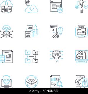 Extensive research linear icons set. Analysis, Investigation, Exploration, Inquiry, Study ...