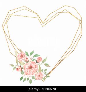 Watercolor Pink and Florals heart Frame illustration. leaves and ...