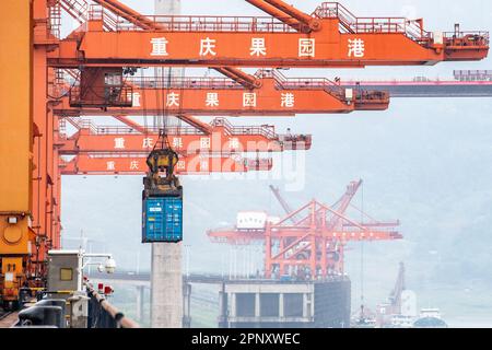 Chongqing. 20th Apr, 2023. A crane lifts a shipping container at ...