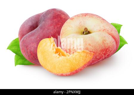 Isolated flat peaches. Two heart shaped flat peach fruit and a slice ...