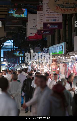 Greece, Athens, Dimotiki Agora, meat section in the modern day Athenian ...