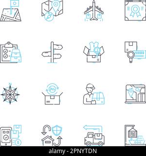 Freight services linear icons set. Cargo, Shipment, Logistics, Transportation, Import, Export ...