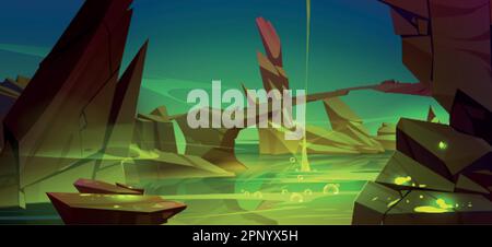 Game background of dark cave with toxic swamp. Fantasy landscape of ...