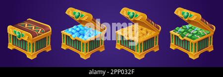 Closed and open Egyptian treasure chest set isolated on background ...