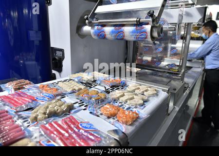 Automatic chicken, pork, slices fresh meat, food production line on ...