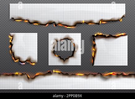 Burned paper realistic set with isolated images of paper sheets with ...