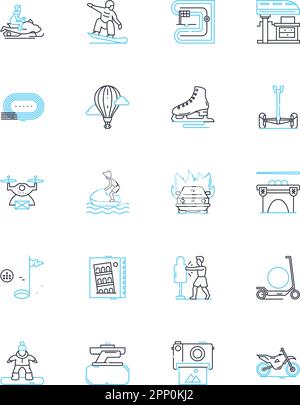 Pleasure amusement linear icons set. Bliss, Thrill, Joy, Delight ...