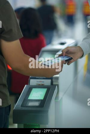 Close up of MRT tapping card in Jakarta, Indonesia. April 20, 2023 ...
