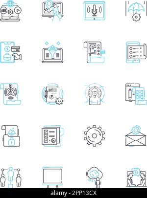 Innovation ecosystems linear icons set. Collaboration, Technology ...