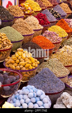 Variety of spices and herbs on the arab street market stall. Souq Waqif ...