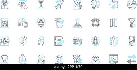 Evaluation planning linear icons set. Assessment, Metrics, Targets, Scope, Objectives, Analysis ...