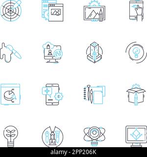 3D artist linear icons set. Modeling, Texturing, Animation, Rendering ...