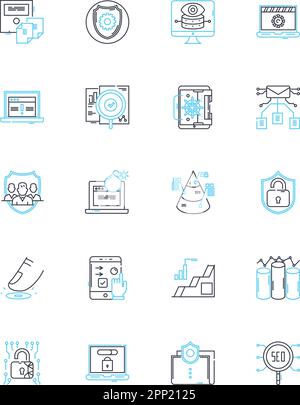 Cybersecurity policy linear icons set. Firewall, Encryption, Authorization, Authentication ...