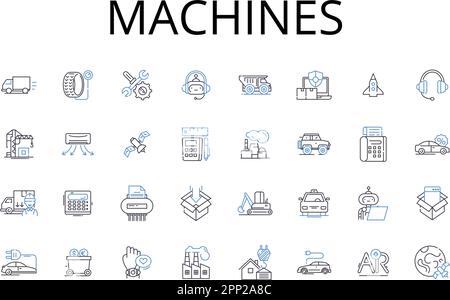 Machines line icons collection. Gearworks, Automatons, Mechanisms ...