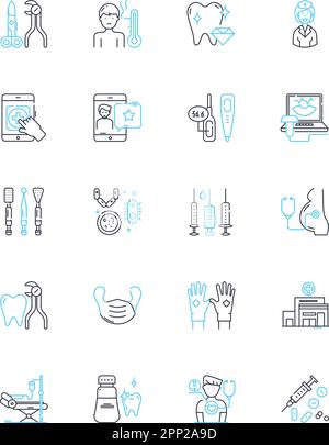 Endodontic treatment linear icons set. Canal, Root, Pulp, Toothache ...