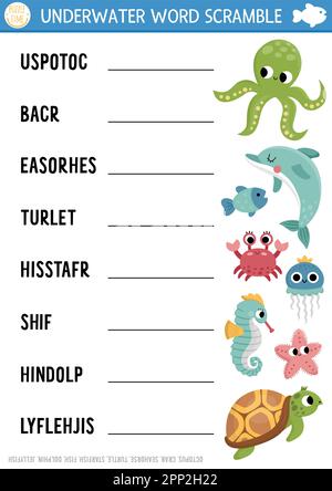 Vector under the sea word scramble activity page. English language game ...