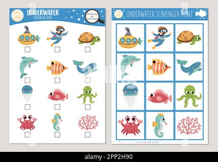 Vector under the sea searching game with sea landscape, submarine ...