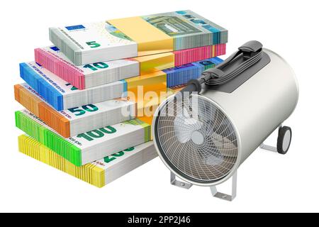 Fan heater with money, euro packs. 3D rendering isolated on white ...