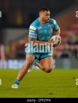 Leigh, UK. 21st Apr, 2023. Referee Mr Ben Thaler indicates a knock-on ...